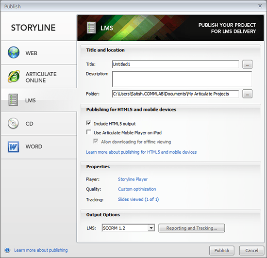 Publishing Options in Articulate Storyline